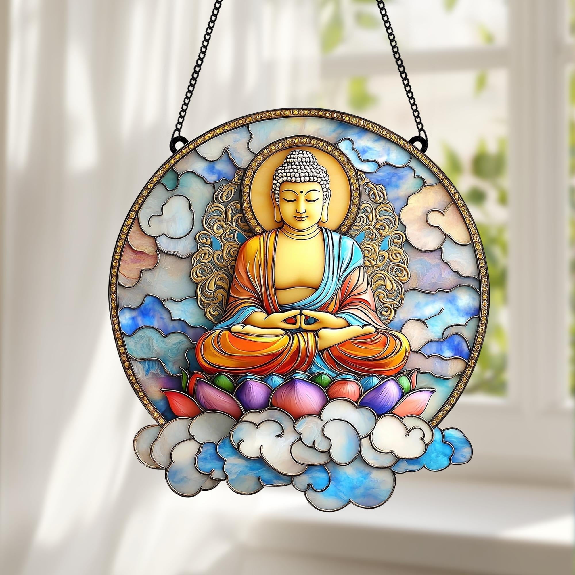 Zen Buddha on Lotus Faux Stained Glass Suncatcher, Meditation Window ...