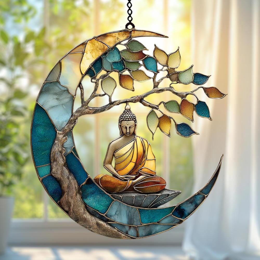 Zen Crescent Moon Acrylic Window Hanging, Buddha Under Bodhi Tree Faux ...