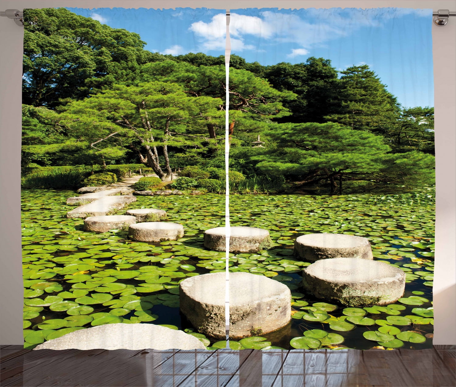Ambesonne Peace Curtains 2 Panel Set, Japanese Stone Path Lotus, 108" x ...