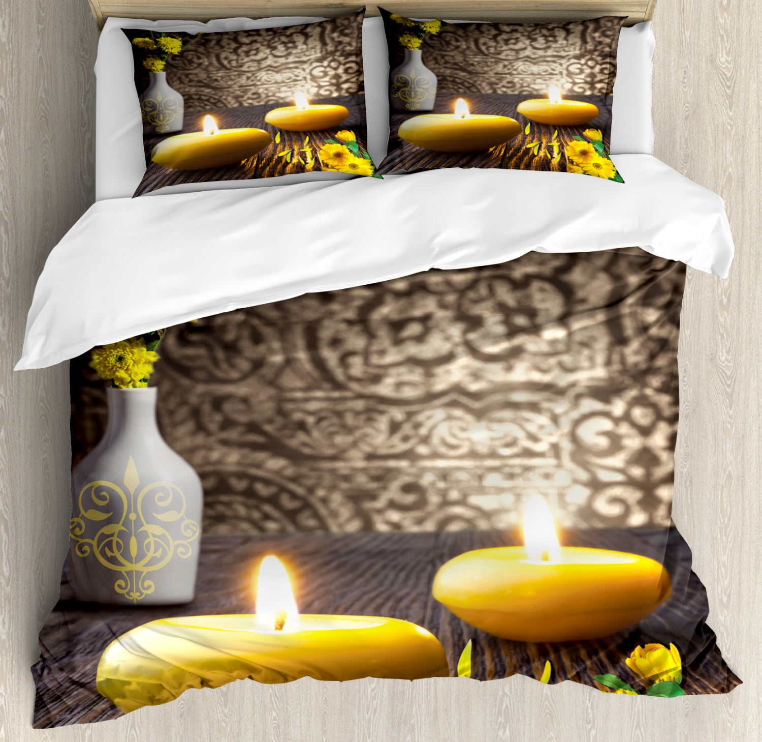 Zen Duvet Cover Set King Size, Oriental Meditative Candles on a Wooden ...