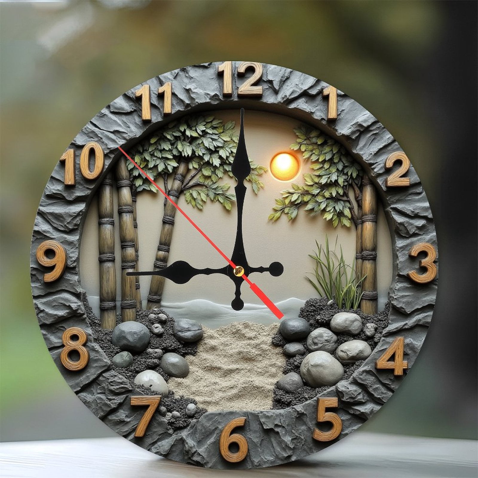 Zen Garden Bamboo Wall Clock， Illuminated Sun 10-Inch Silent Wooden ...