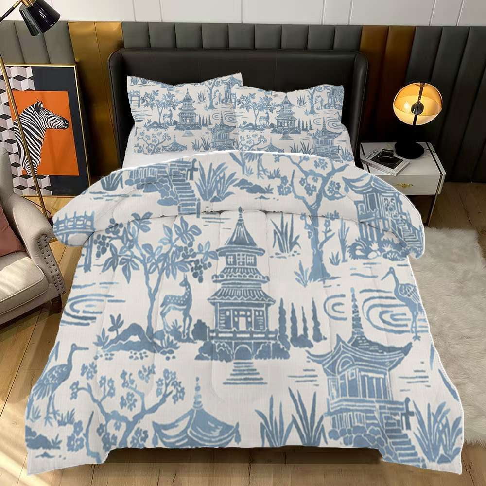 Zen Garden Blue Comforter Set Queen Size Bedding Set For Travl Bedroom Decor Quilt With 2 Pillow ...