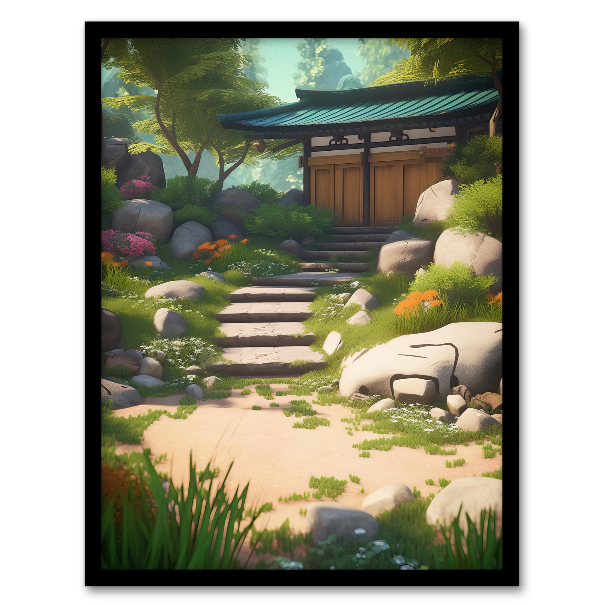 Zen Garden Bright Painting Stone Steps Bathed in Sunlight Leading to Tea House Serene Spring ...