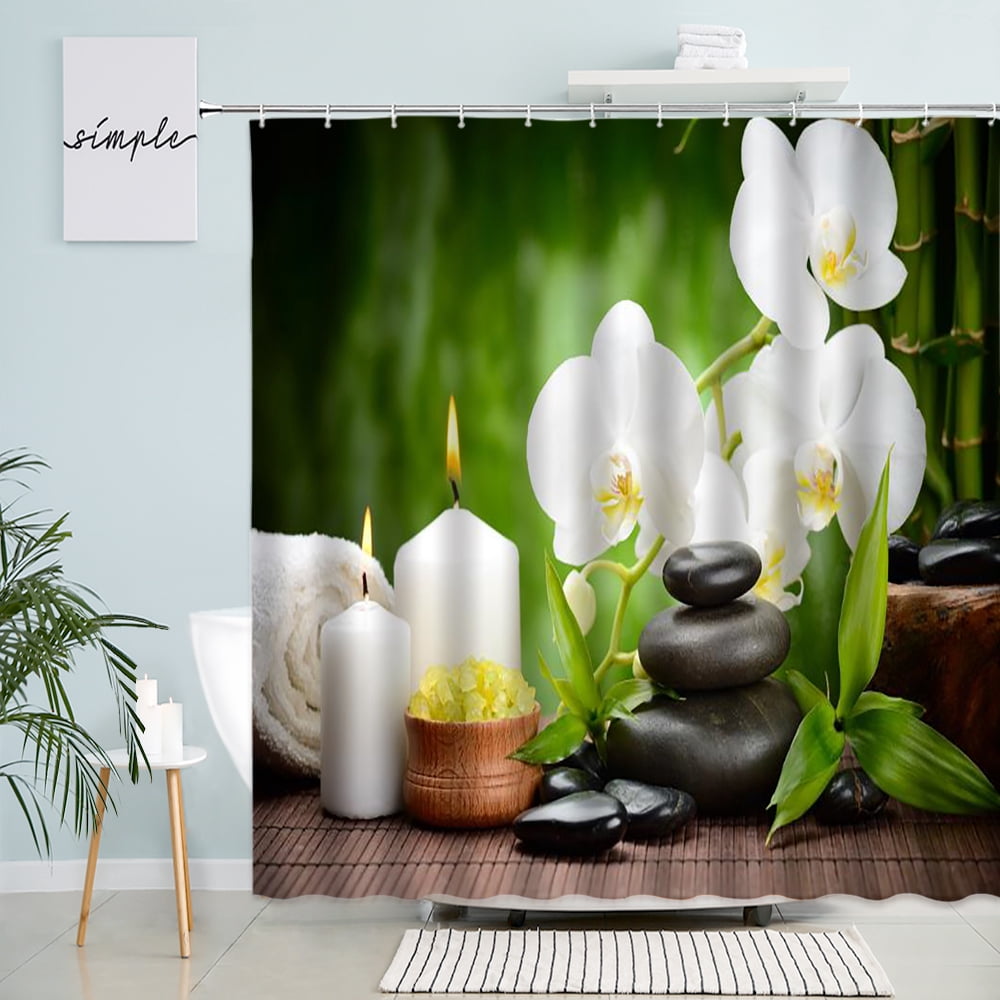 Zen Garden Scenery Shower Curtain Meditation Green Bamboo Stalks Candle ...