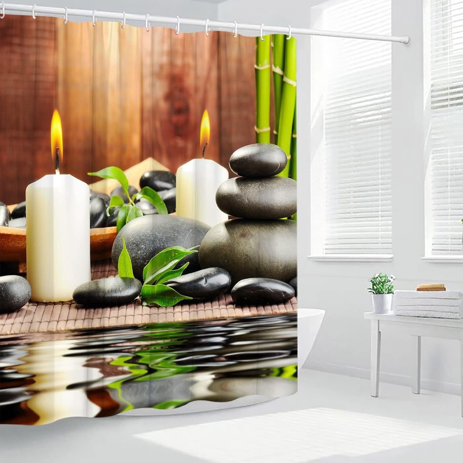 Zen Garden Shower Curtain - 70x70 Inch Green Bamboo Leaves Black Stone ...