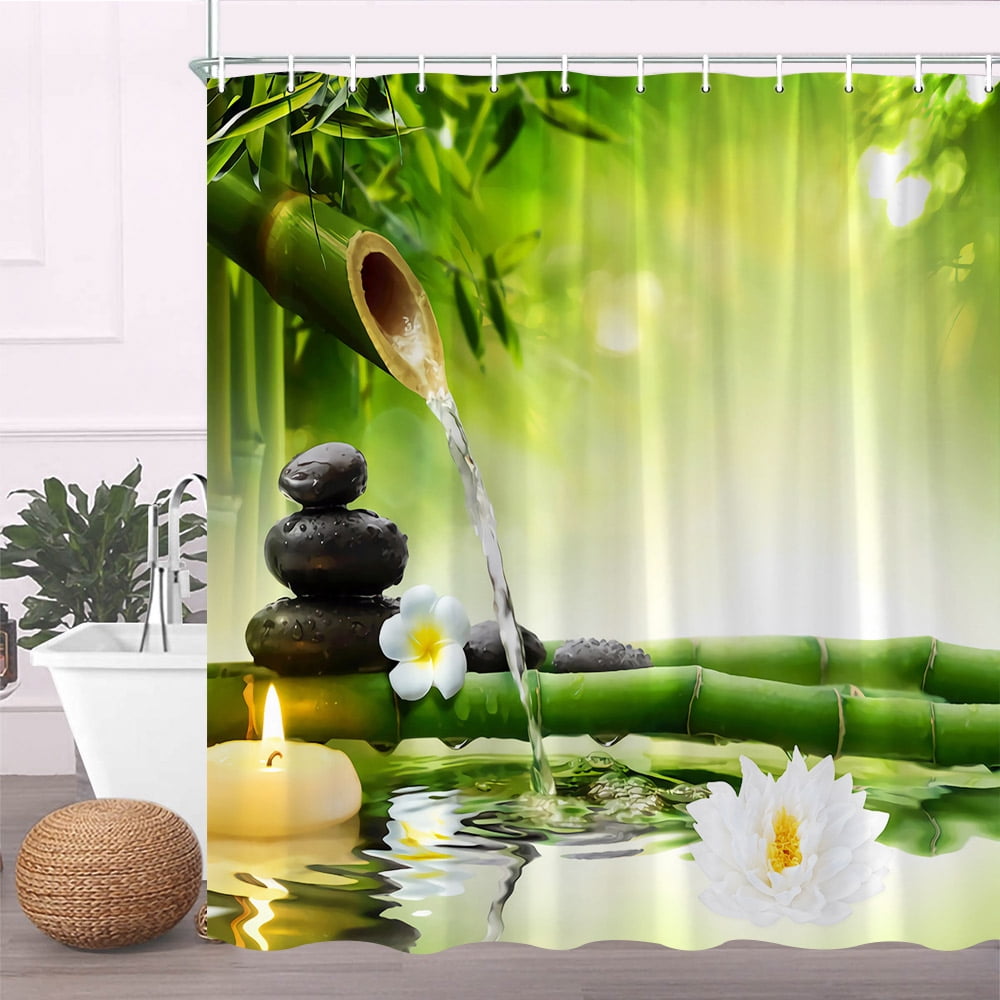Zen Garden Shower Curtain Green Bamboo Leaf Orchids Lotus Flower White ...