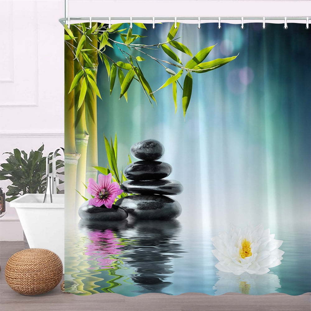 Zen Garden Shower Curtain Green Bamboo Leaf Orchids Lotus Flower White ...