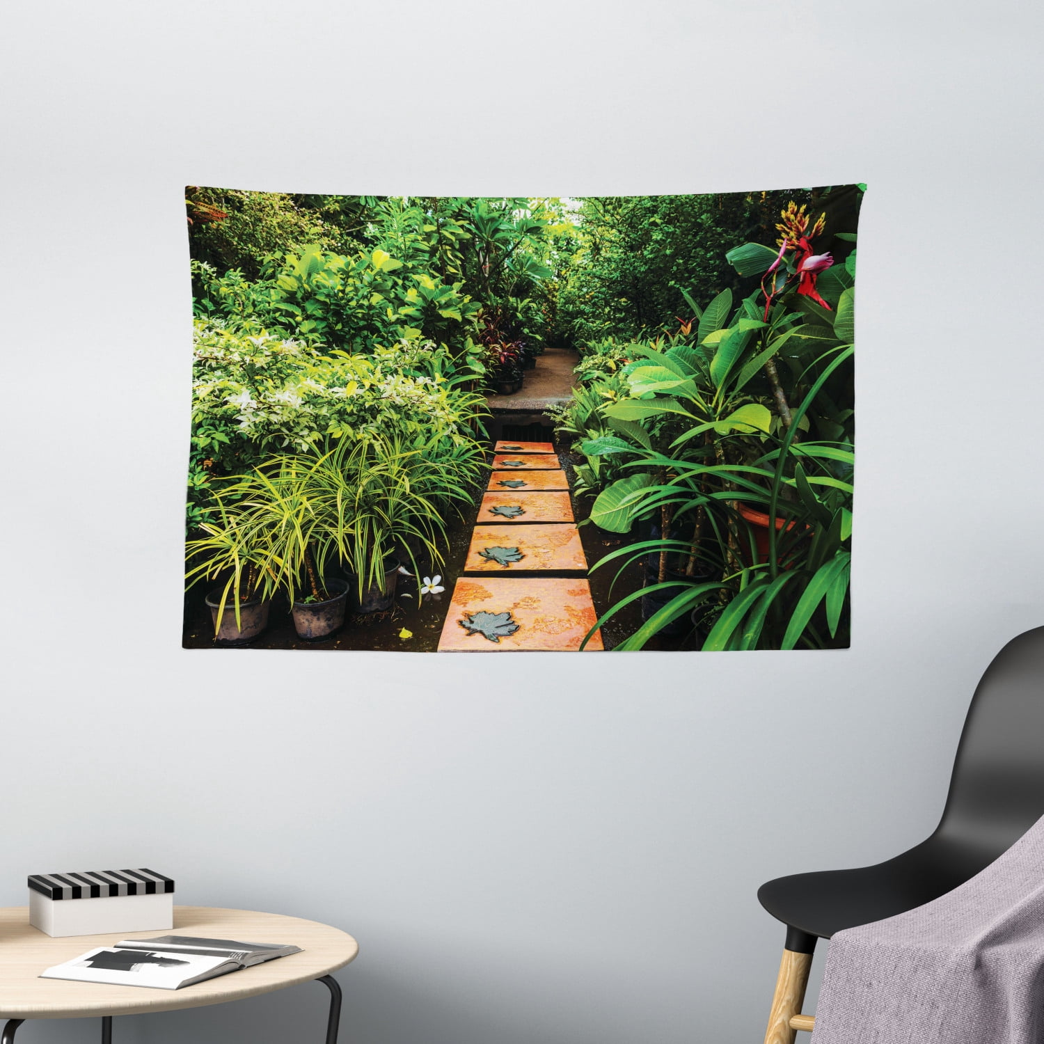 Zen Garden Tapestry, Lush Garden with Tropical Plants and Wooden Path ...
