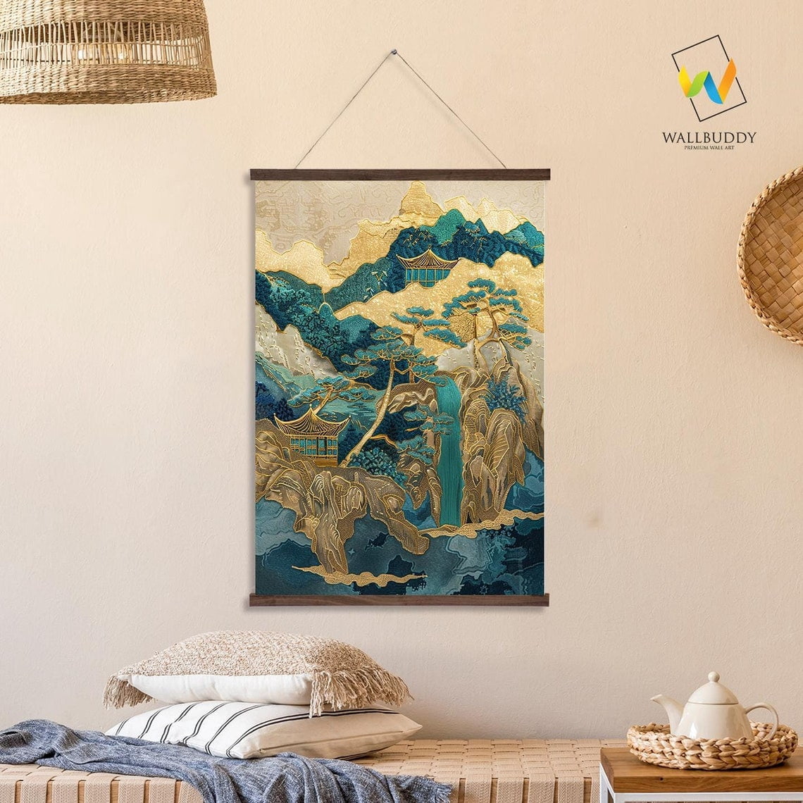 Zen Gold And Teal Mountain Wall Hanging - Asian-Inspired Landscape Wall ...