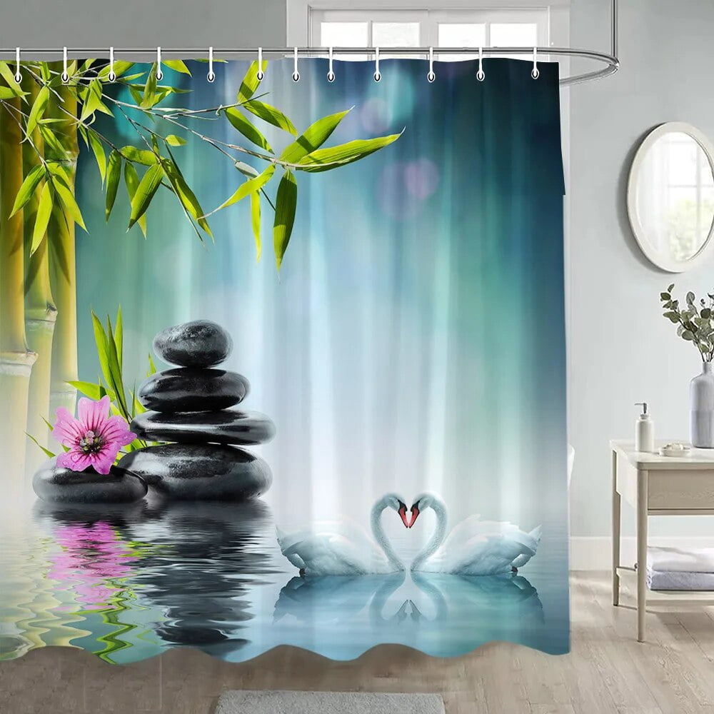 Zen Green Bamboo Shower Curtain Black Stone Pink Lotus Orchid Flowers ...