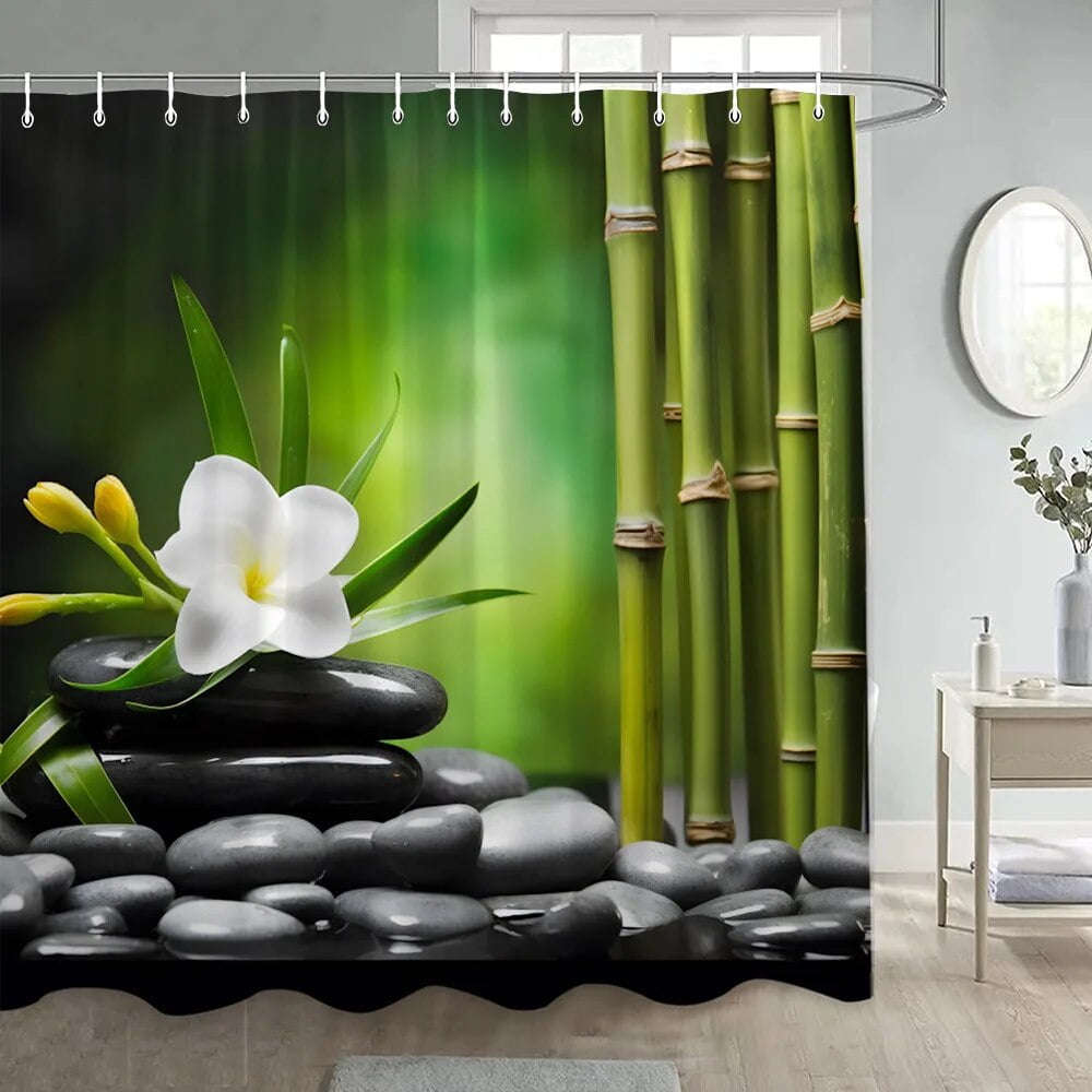 Zen Green Bamboo Shower Curtain Black Stone Pink Lotus Orchid Flowers ...