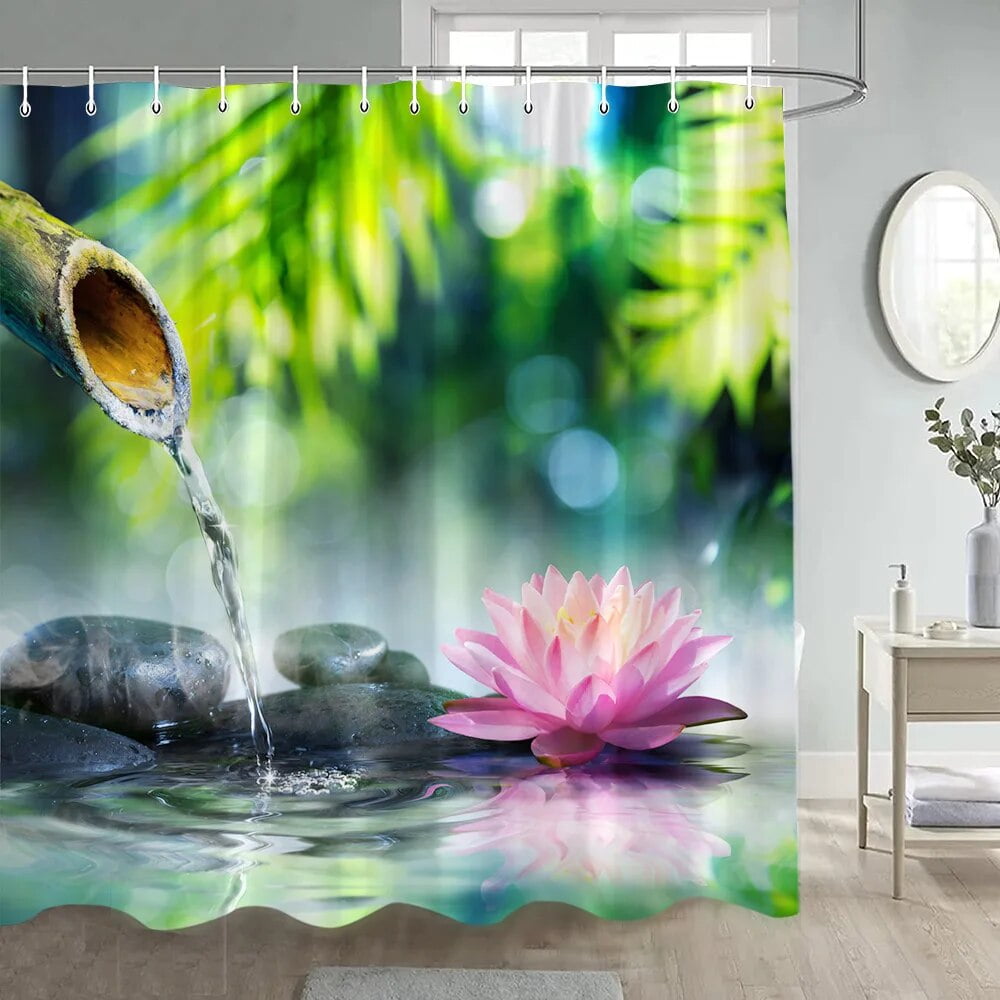 Zen Green Bamboo Shower Curtain Black Stone Pink Lotus Orchid Flowers ...