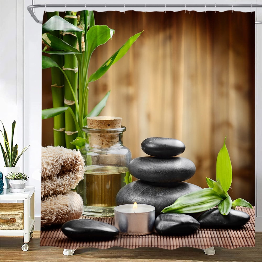 Zen Green Bamboo Shower Curtain Pink Flower Plant Black St Spa Garden ...