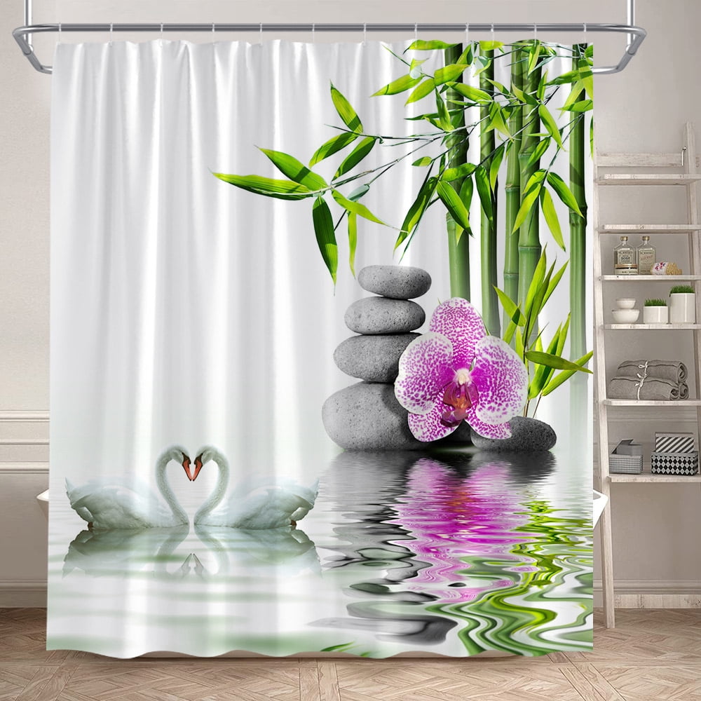 Zen Green Bamboo Shower Curtain Set Pink Lotus Orchid Grey St Spa ...