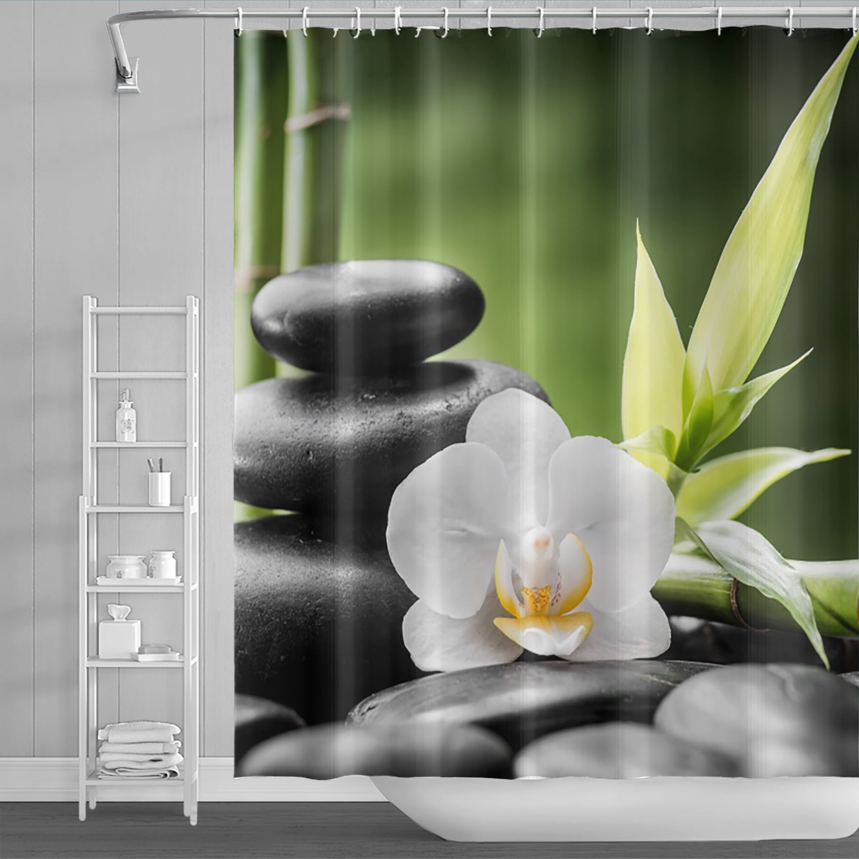 Zen Green Bamboo Shower Curtain White Purple Orchid Flower Plants Black ...