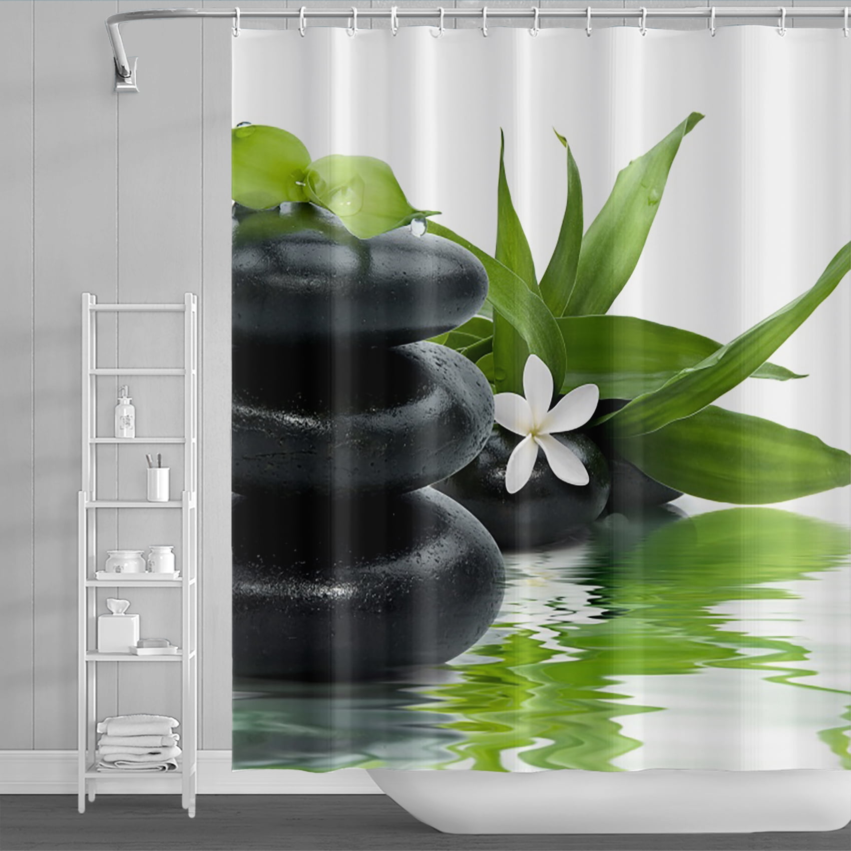 Zen Green Bamboo Shower Curtain White Purple Orchid Flower Plants Black ...