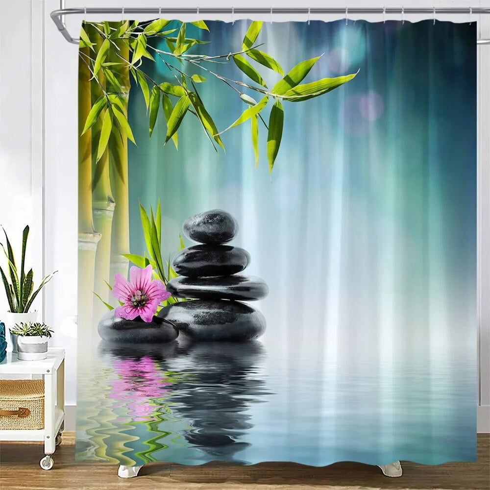 Zen Green Bamboo Shower Curtains Pink Lotus Orchid Grey Stone Spa ...
