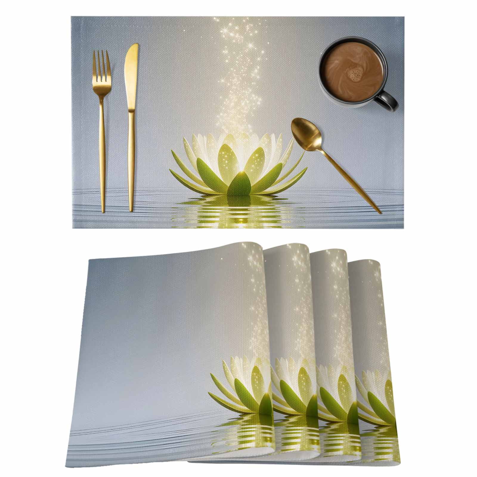 Zen Meditation Lotus Floral Placemats Set of 6, Green Floral Modern Art ...