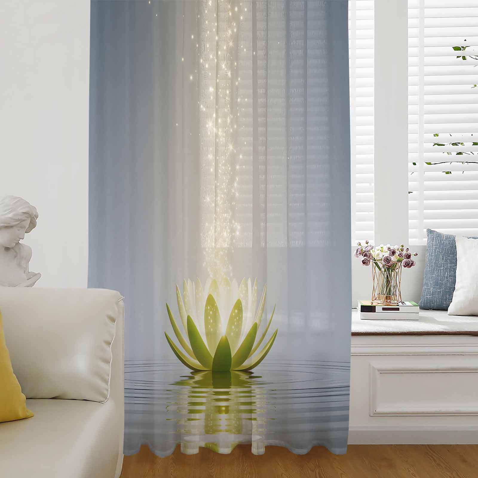 Zen Meditation Lotus Floral Semi Sheer Curtains Drapes for Living Room ...