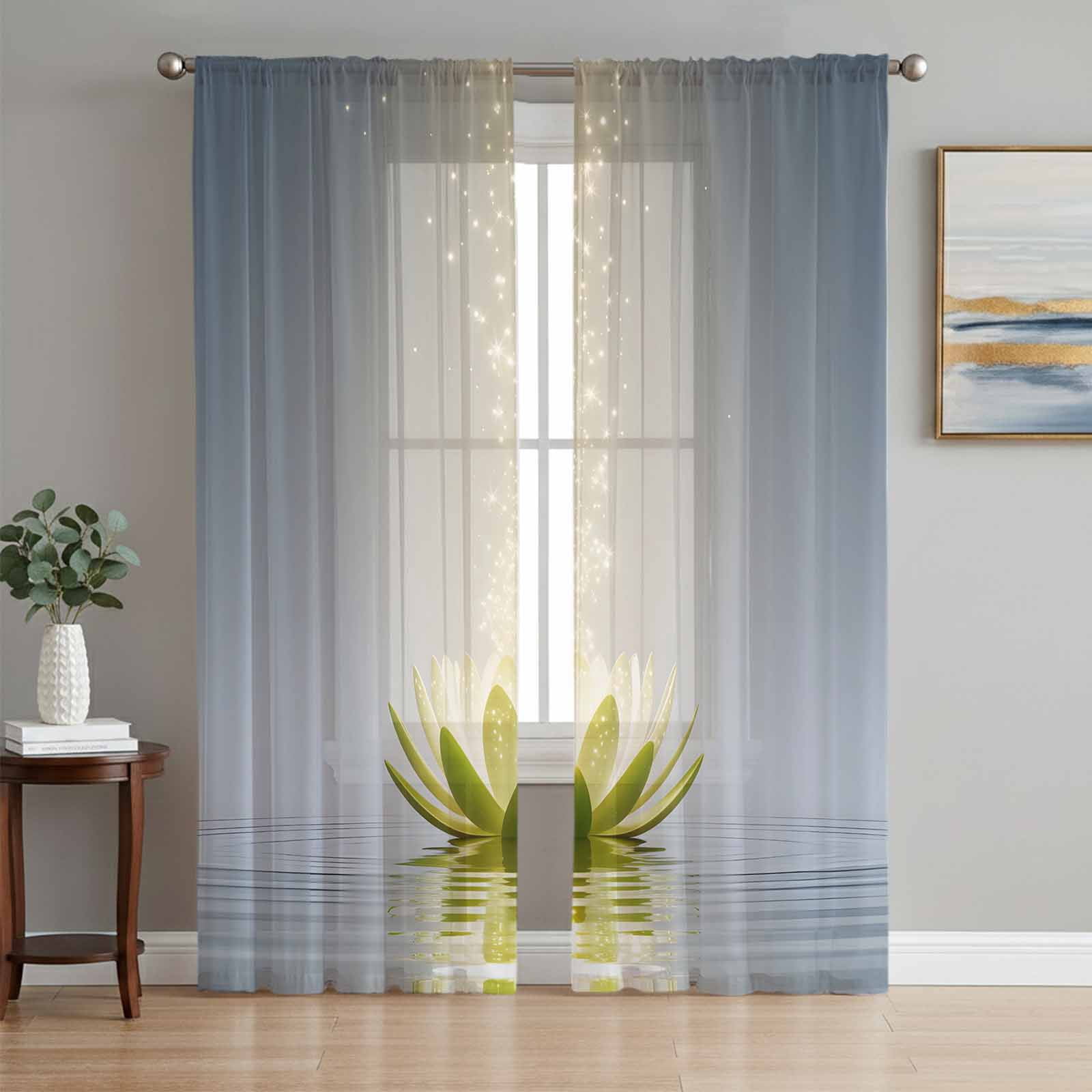 Zen Meditation Lotus Floral Sheer Curtains 96 Inch Length 2 Panels Set ...