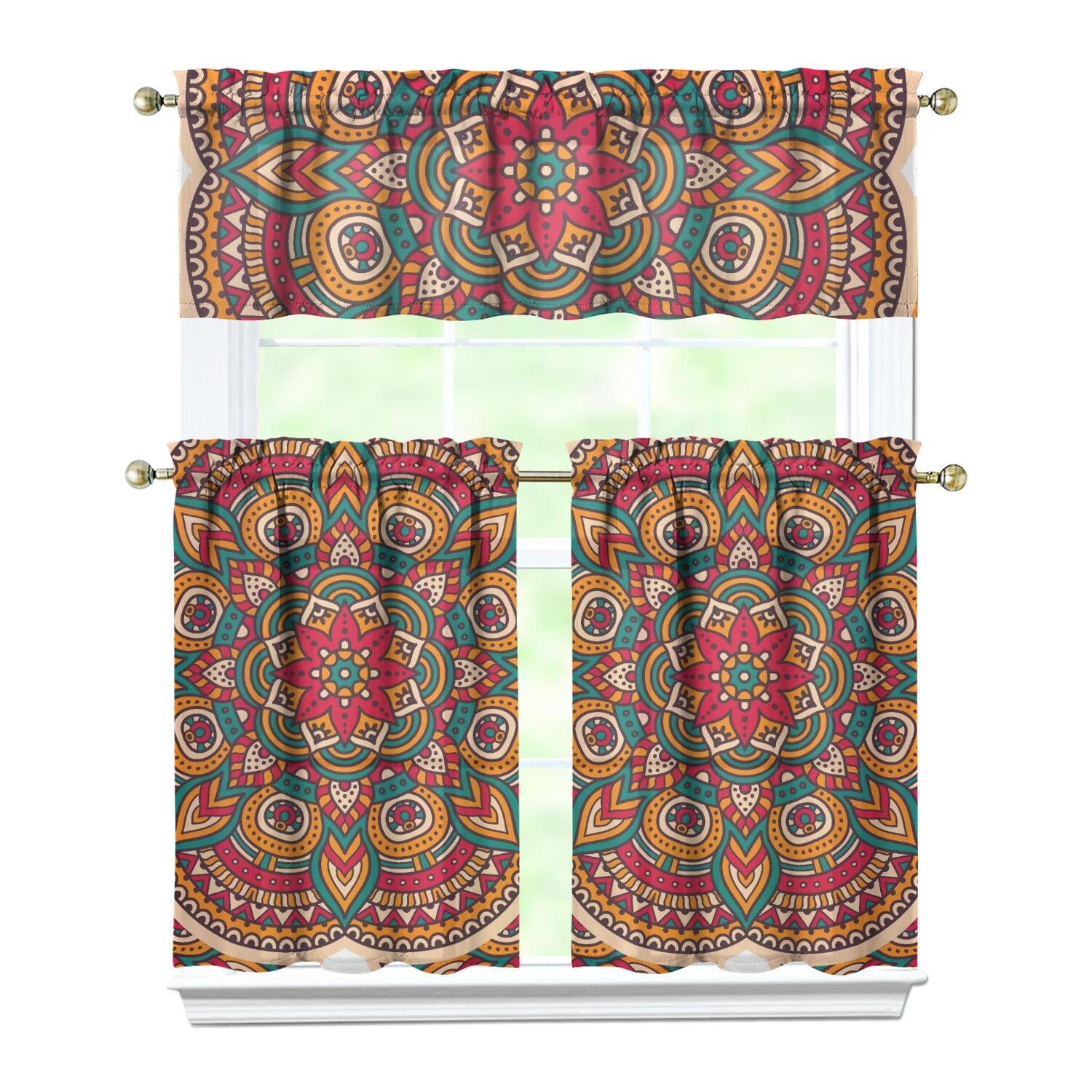 Zen Meditation Mandala Kitchen Curtains - 3 Piece Set with Valance ...