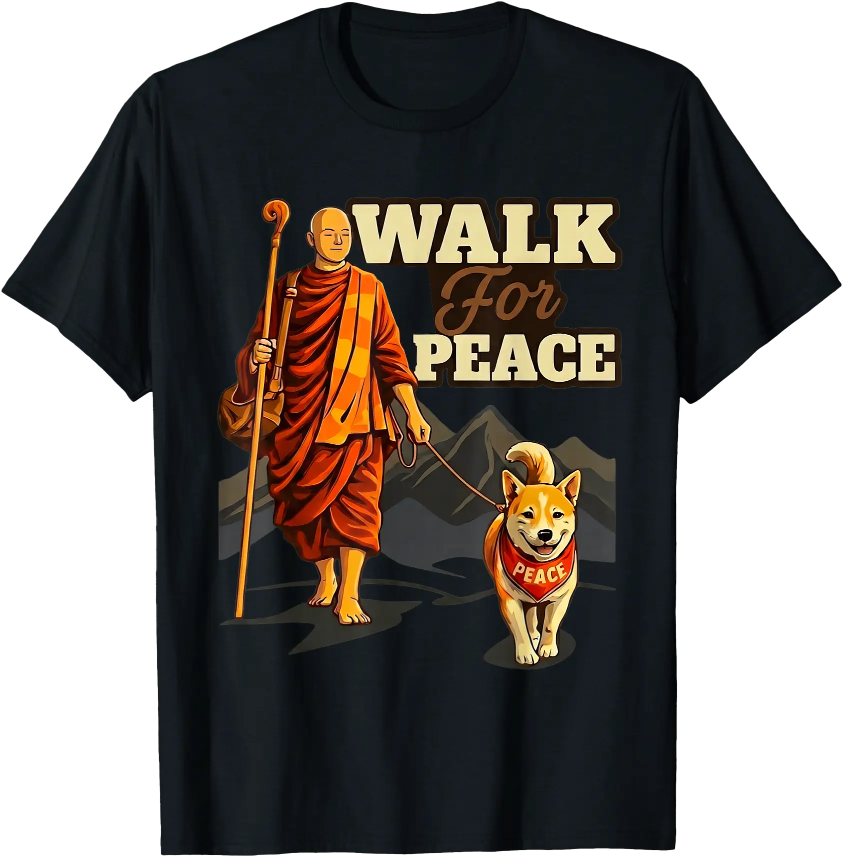 Zen Monk & Shiba Inu Dog Mountain Walk T-Shirt for Inner Peace ...