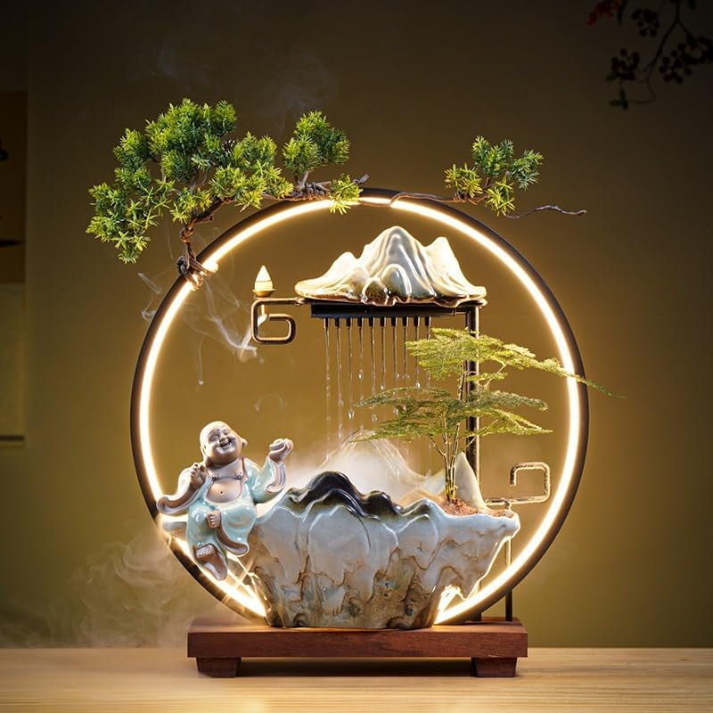 Zen Mountain Waterfall Incense Burner with LED Lighting, Bonsai Tree ...