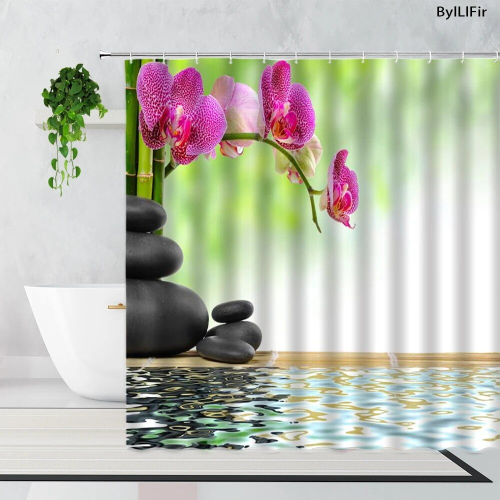 Zen Scenery Shower Curtain Black Stone Candles Orchids Green Leaves ...