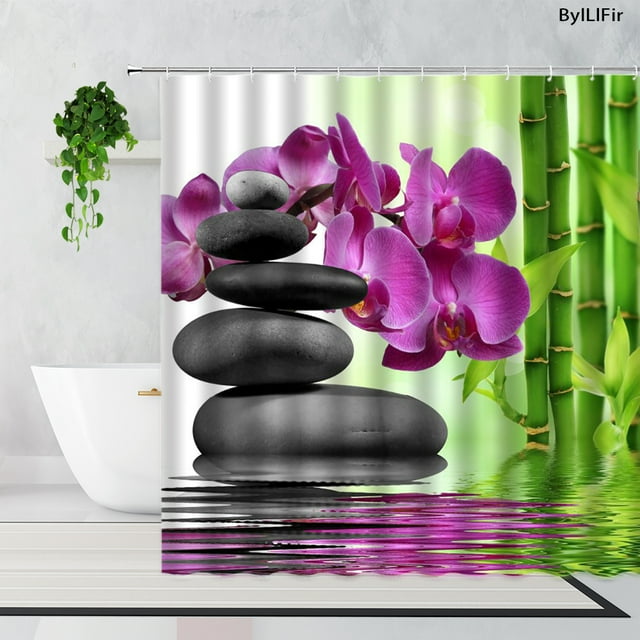 Zen Scenery Shower Curtain Black Stone Candles Orchids Green Leaves ...
