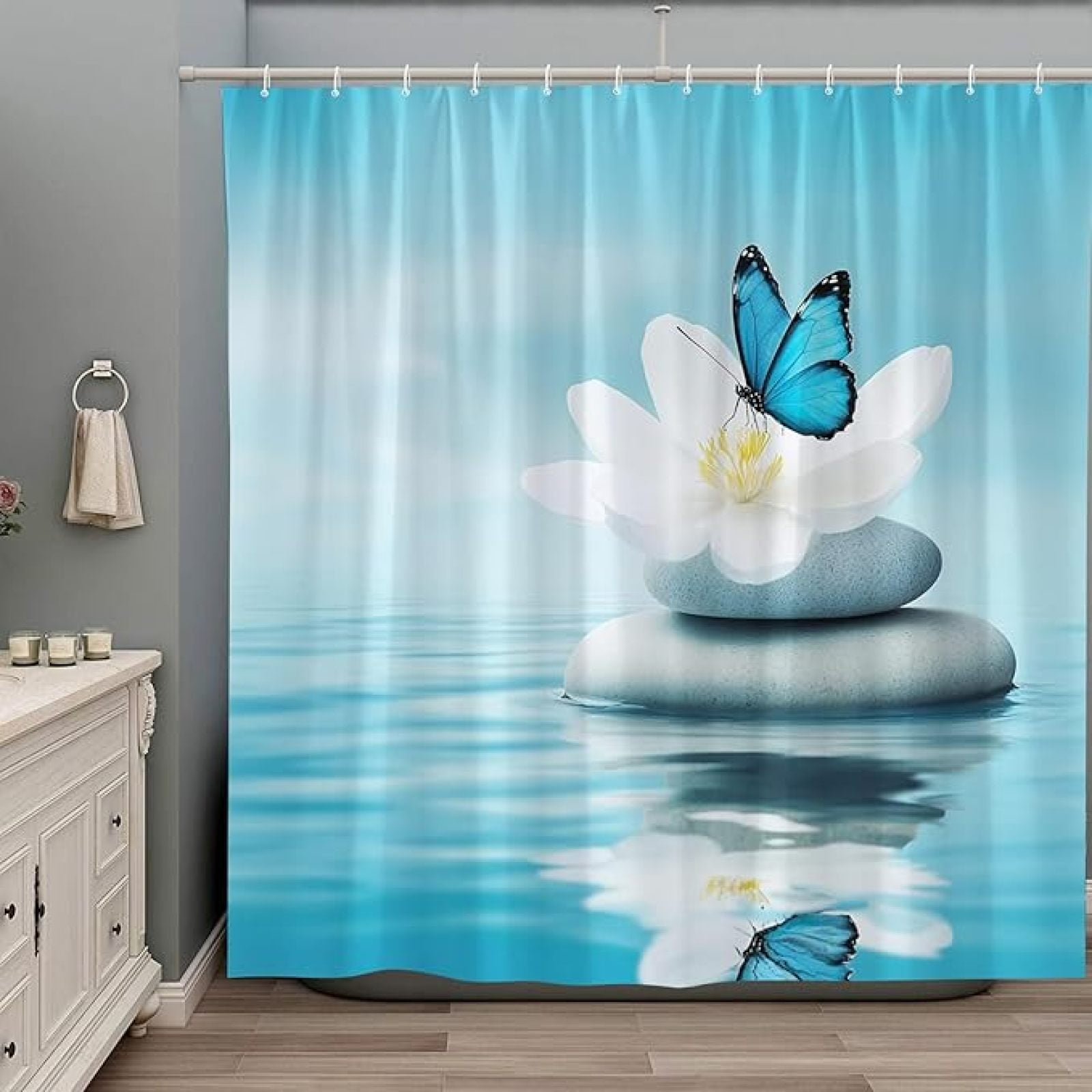 Zen Shower Curtain Blue Butterfly Flower Spa Stone Reflection In Water ...