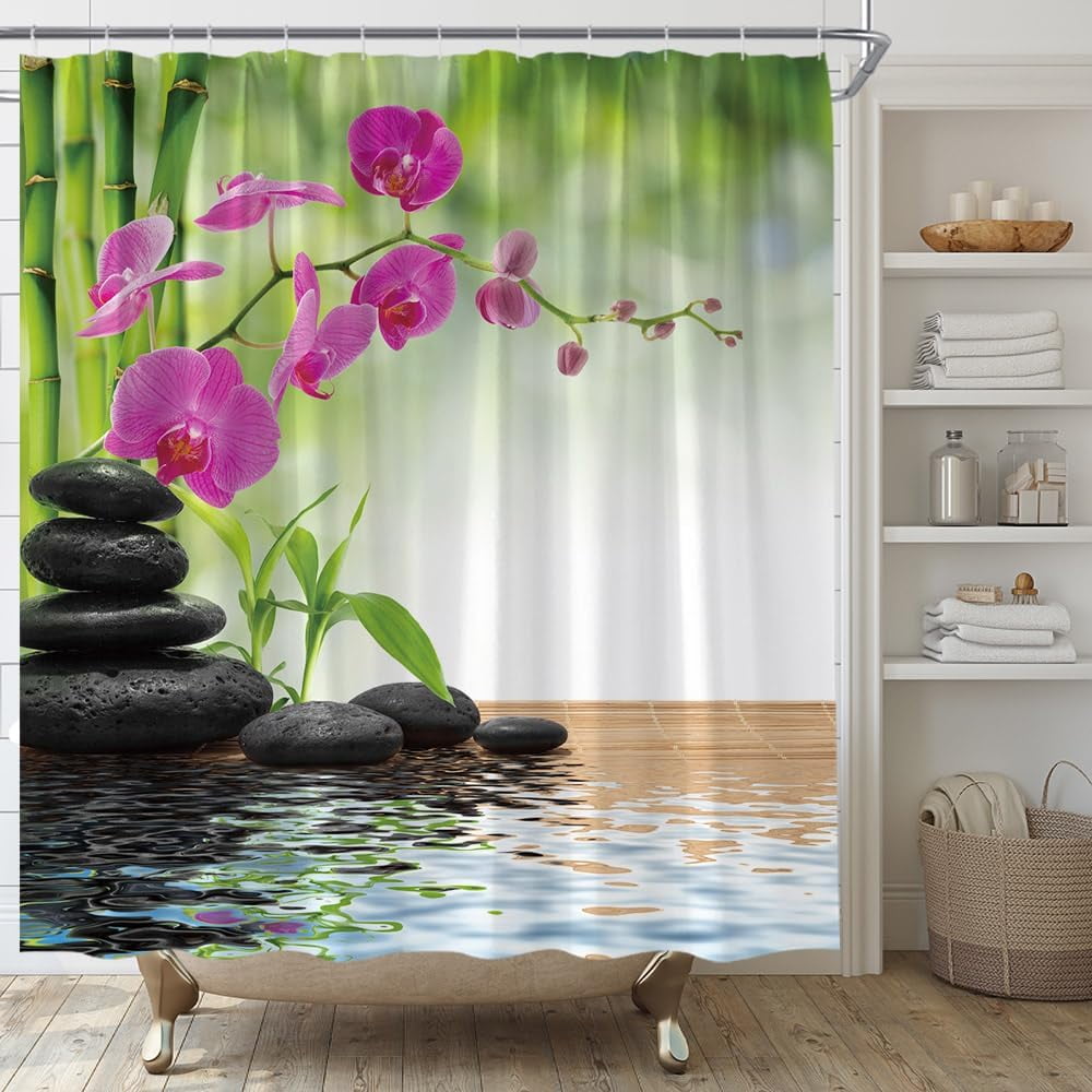 Zen Shower Curtain Green Bamboo Purple Flower Stone Reflection Water ...
