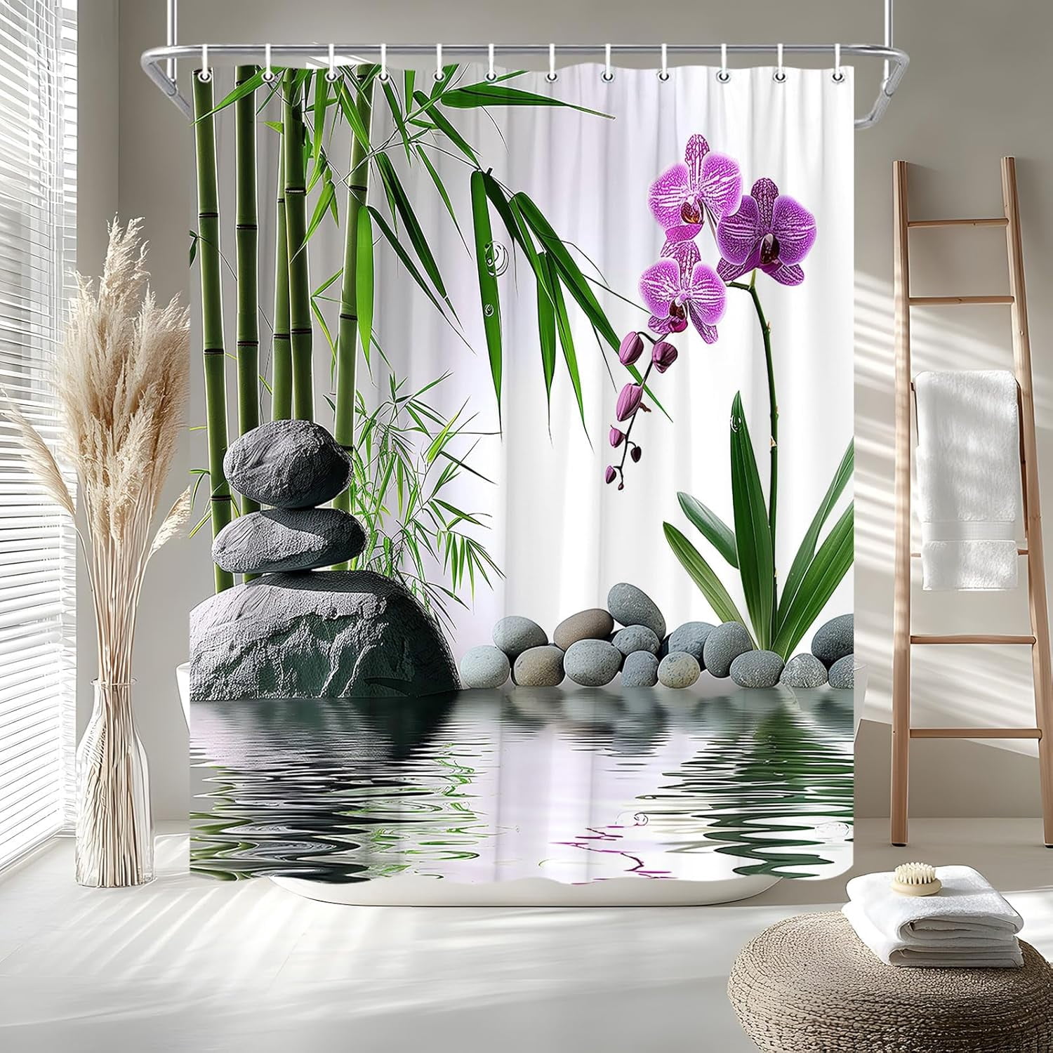 Zen Shower Curtain Green Bamboo Purple Orchid Flower Stone Asian ...