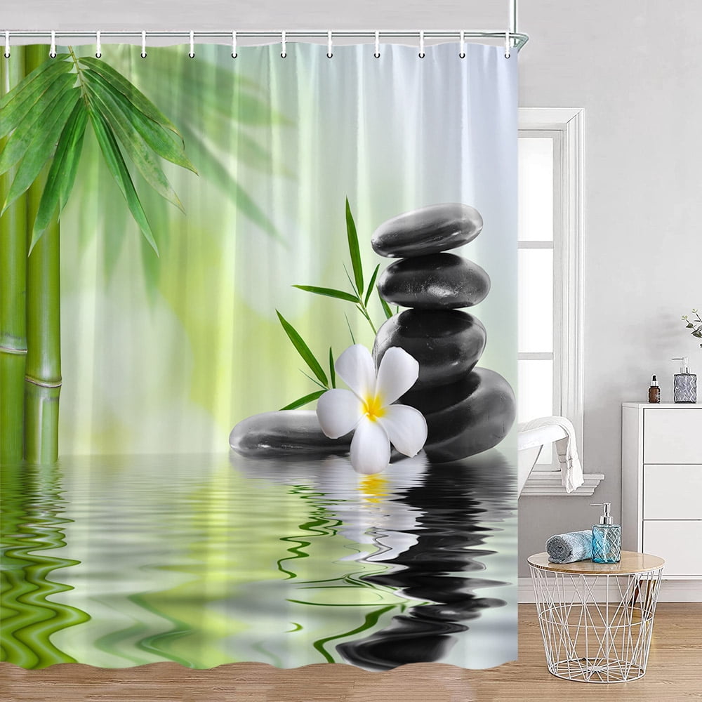 Zen Shower Curtain Set Green Bamboo Purple Flower Black Massage St Swan ...