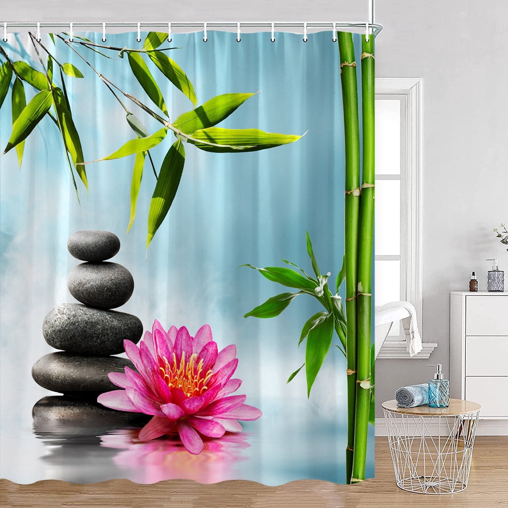 Zen Shower Curtain Set Green Bamboo Purple Flower Black Massage St Swan ...