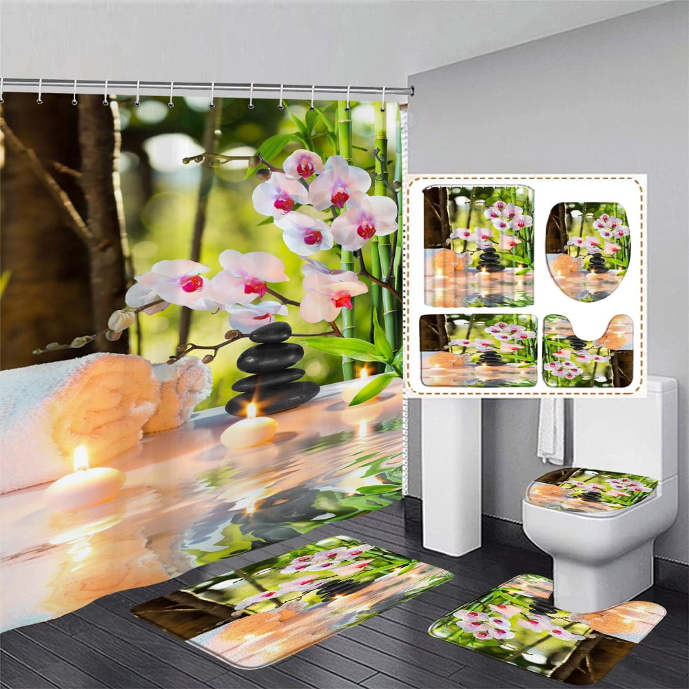 Zen Shower Curtain Set Green Bamboo Purple Flower Black Massage St Swan ...