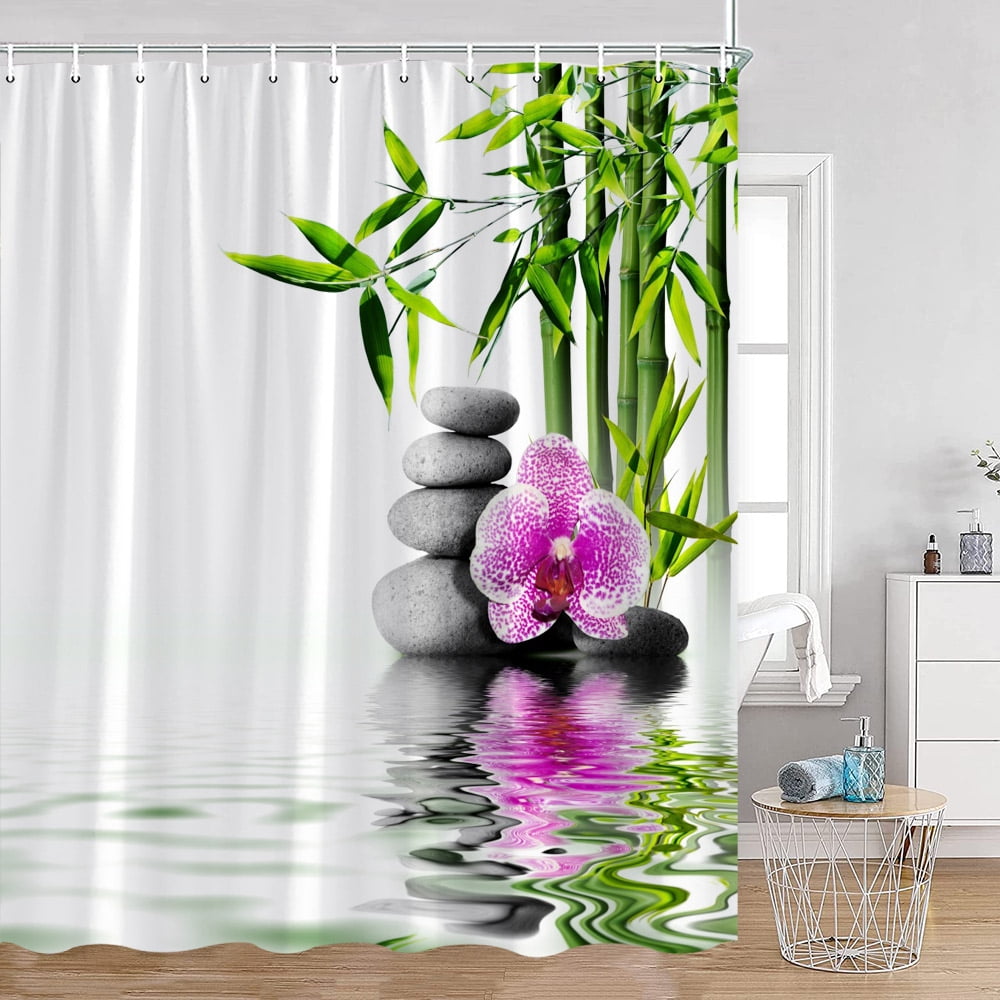 Zen Shower Curtain Set Green Bamboo Purple Flower Black Massage St Swan ...