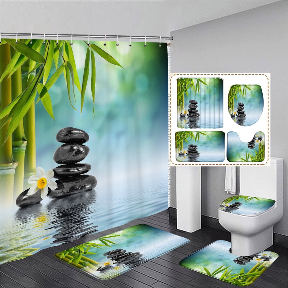 Zen Shower Curtain Set Green Bamboo Purple Flower Black Massage St Swan ...