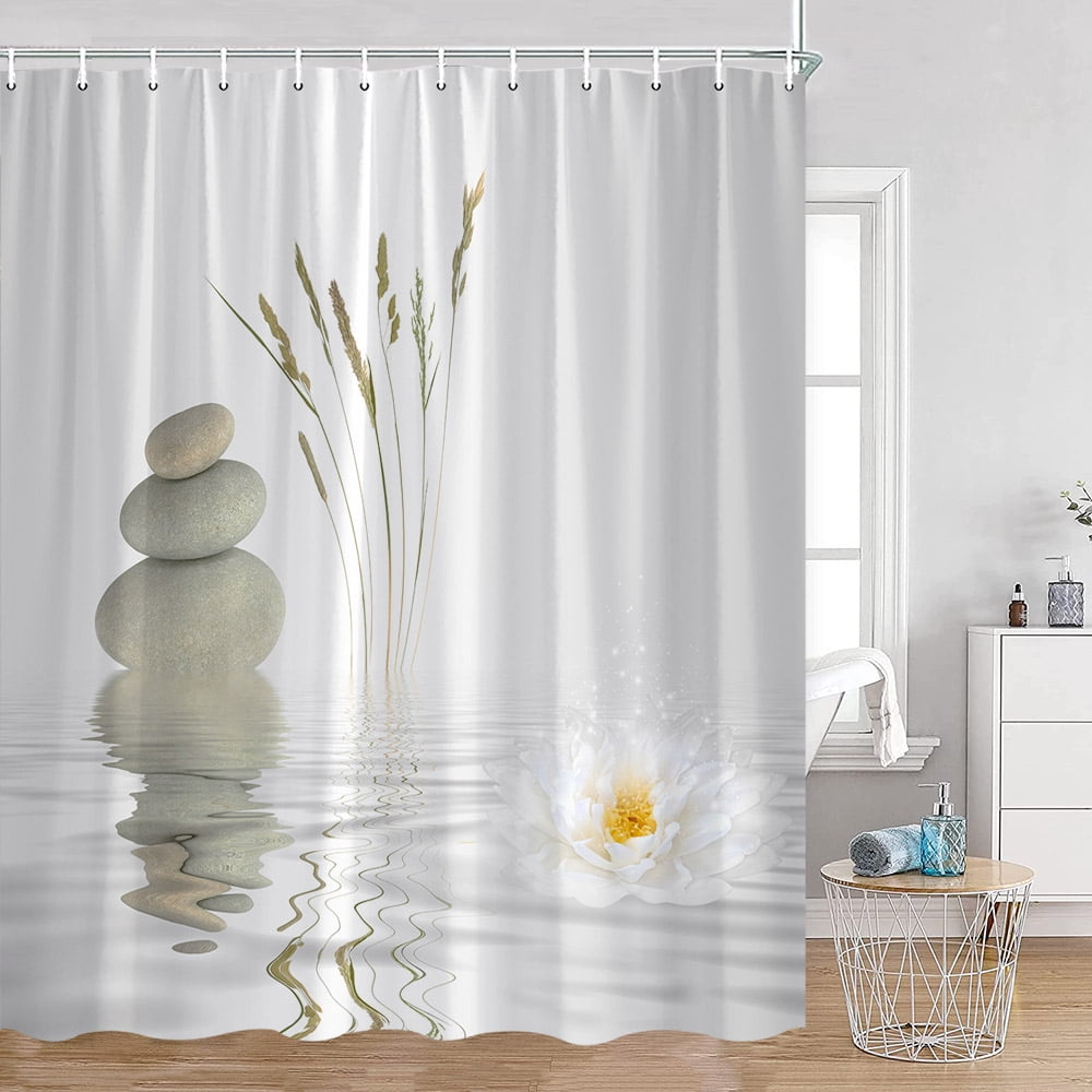 Zen Shower Curtain Set Green Bamboo Purple Flower Black Massage St Swan ...