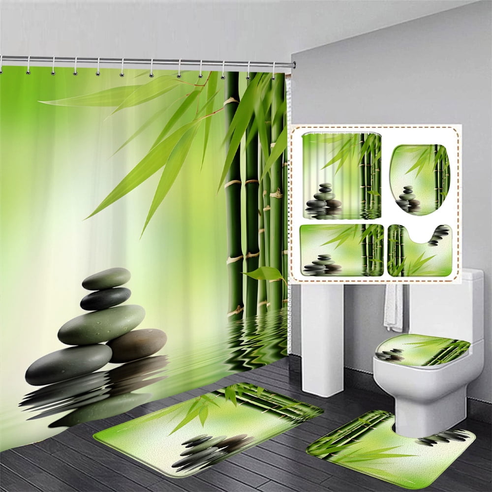 Zen Shower Curtain Set Natural Flowers Butterfly Grey St Reflection Spa ...