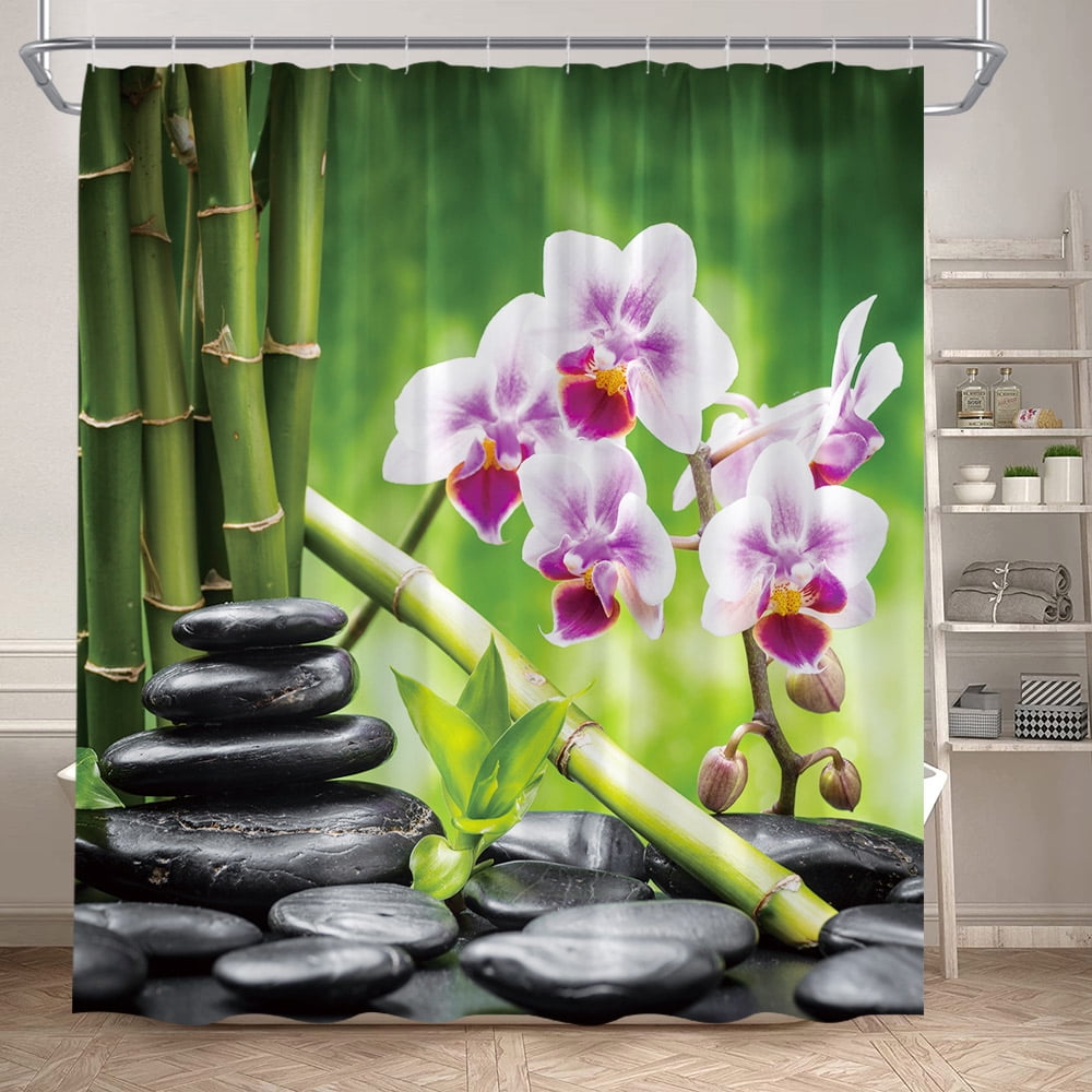 Zen Shower Curtain Set Natural Flowers Butterfly Grey St Reflection Spa ...