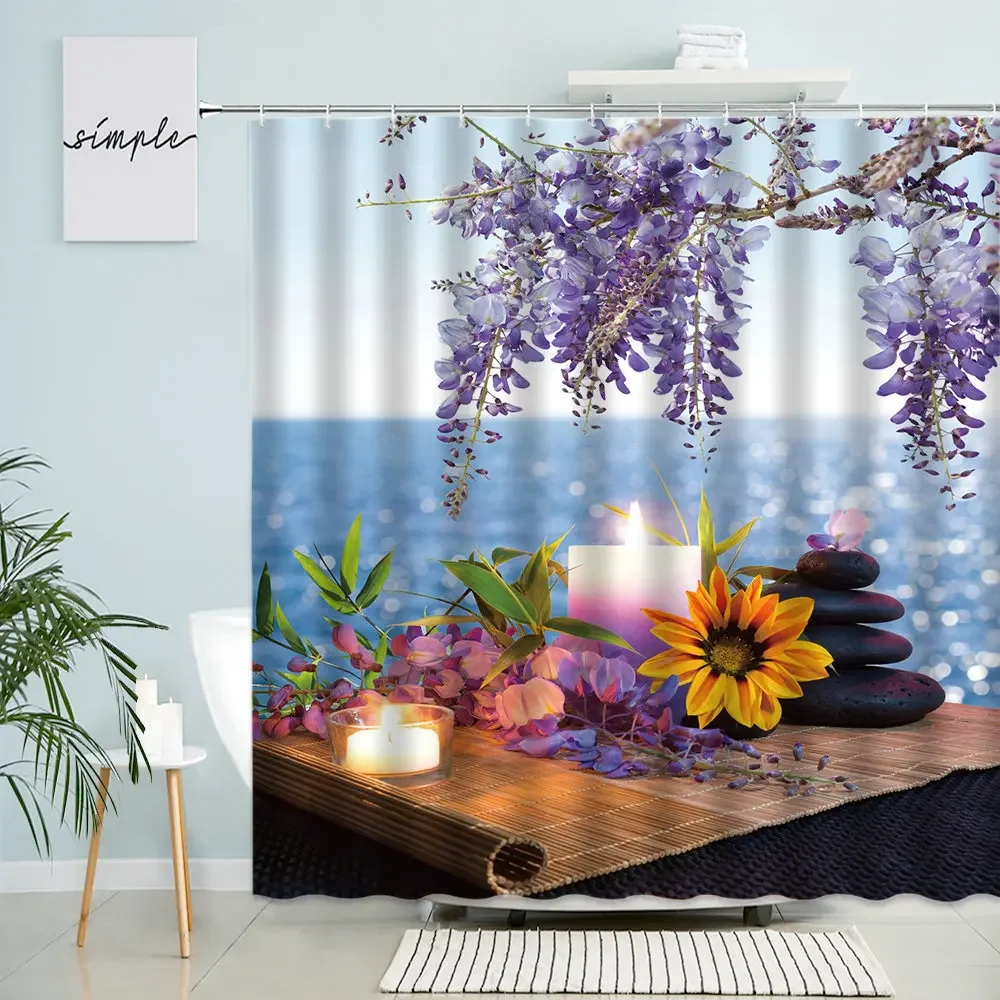 Zen Spa Shower Curtain Orchid Flowers Bamboo Green Plants Leaf Massage ...