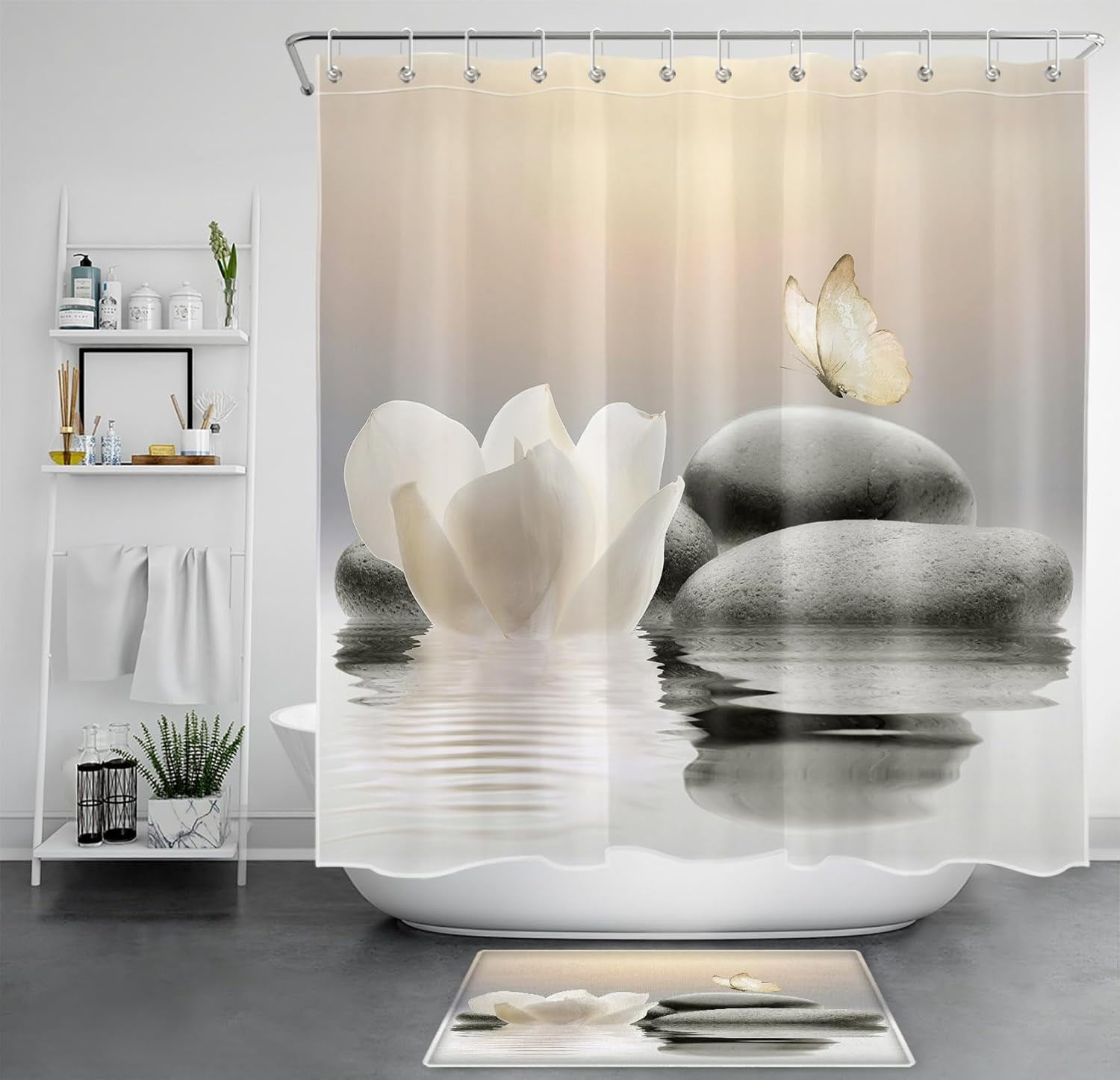 Zen Spa Shower Curtain Set Water Lily Flower and Butterfly on The Calm ...