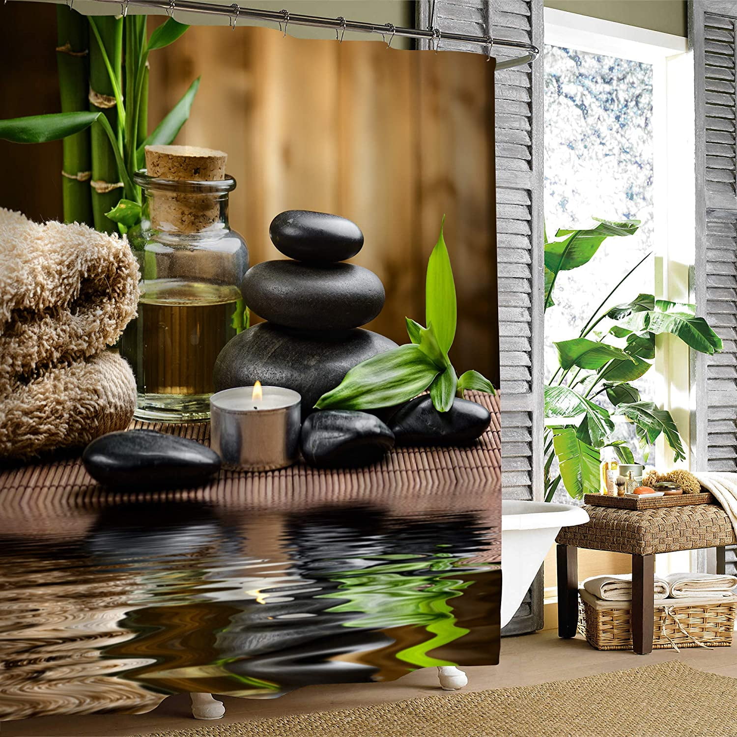 Zen Spa Shower Curtain Set, Zen Basalt Stones and Spa Oil on The Wood ...