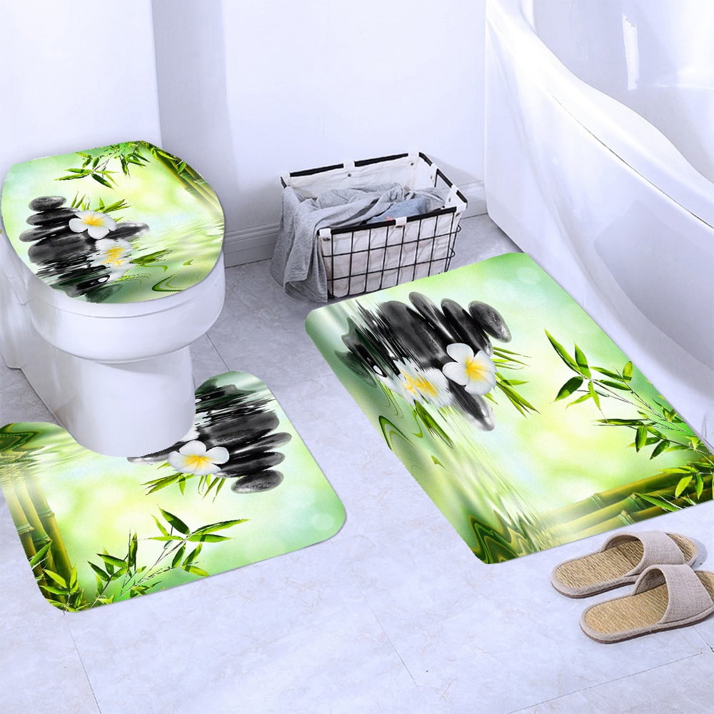 Zen St Bamboo Leaf Flower Shower Curtain Set With Non-slip Carpet Bath ...