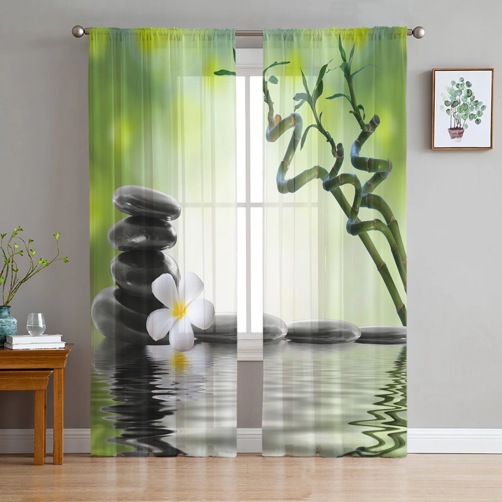 Zen St Green Bamboo Forest Water Chiffon Sheer Curtains for Living Room ...