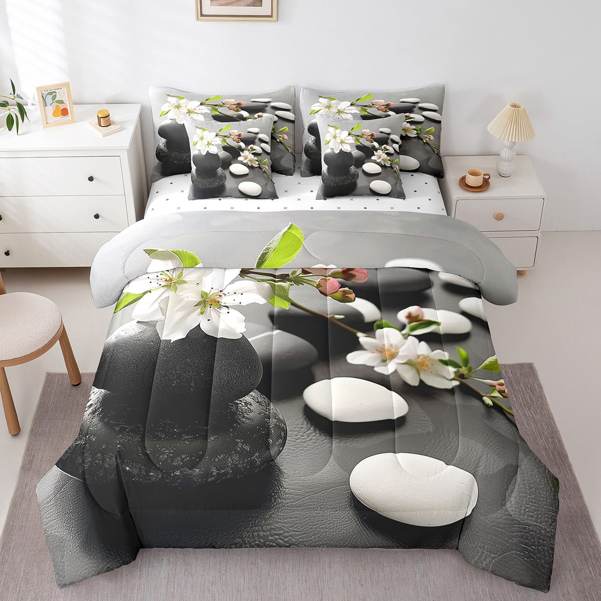 Zen Stone Bed In A Bag White Flowers Full Bedding Set Botanical Decor ...
