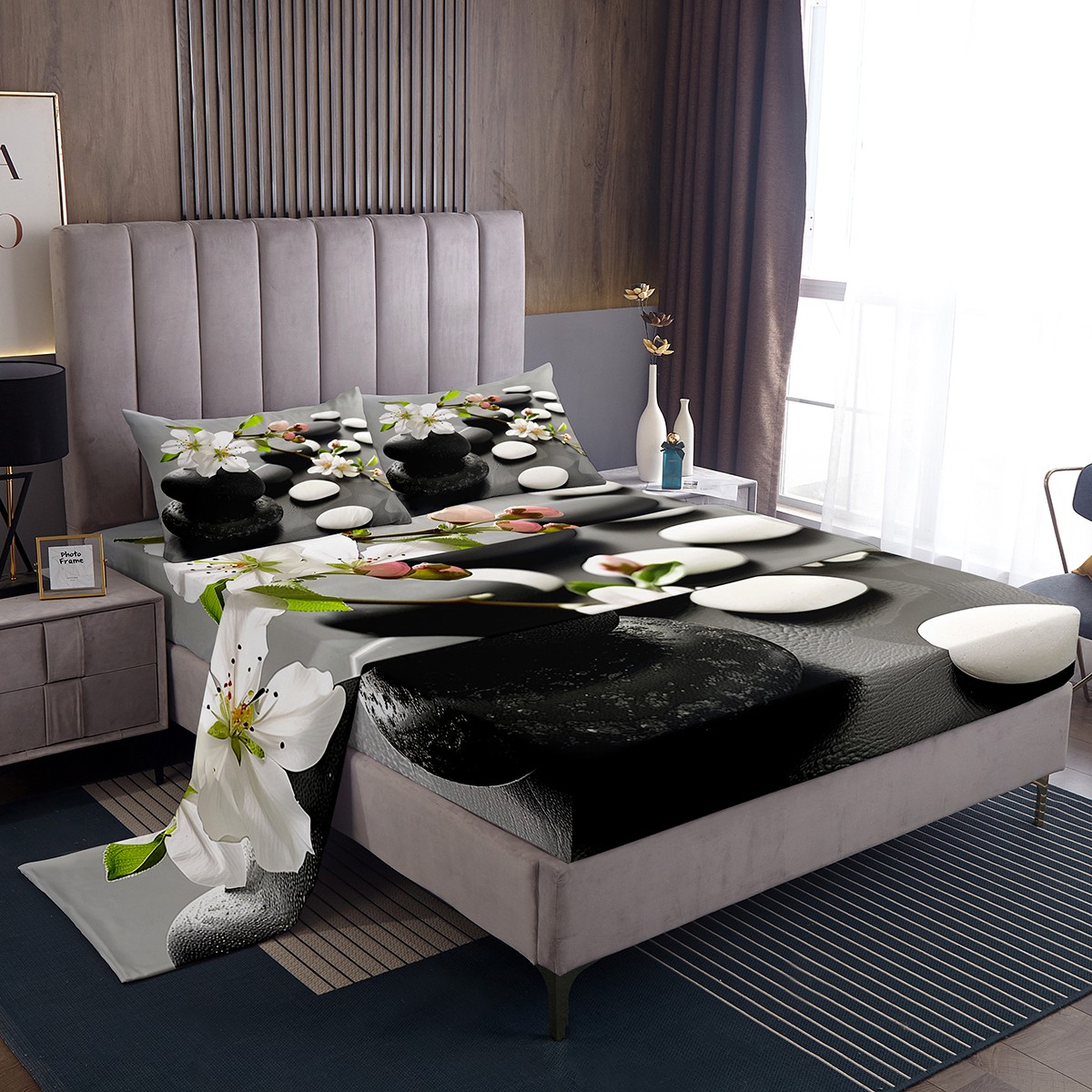 Zen Stone Bed Sheets Set White Flowers King Sheets Botanical Decor ...