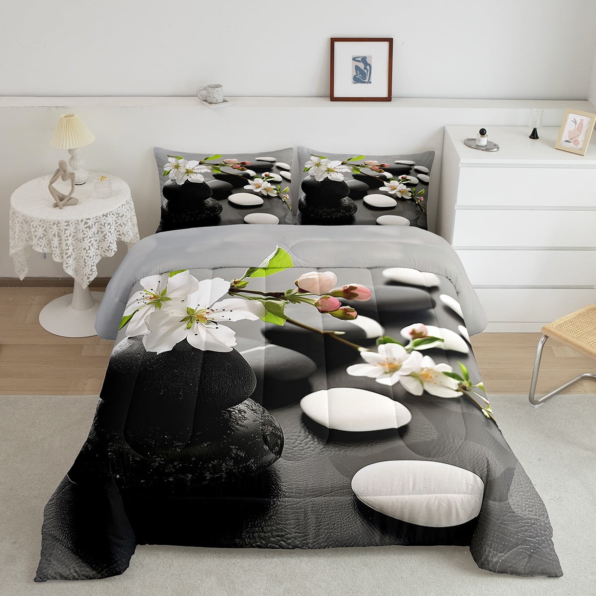 Zen Stone Down Comforter White Flowers King Bedding Set Botanical Decor ...