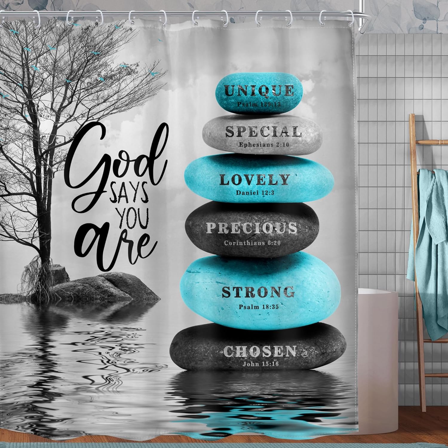Zen Stone Teal Shower Curtain Blue Bible Verse Spa Relaxing Meditation ...