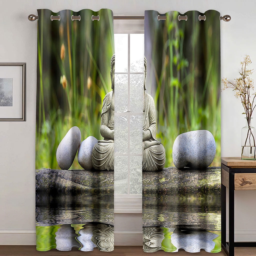 Zen Stone Water Reflection Flower Grey Elegant Window Curtains for ...